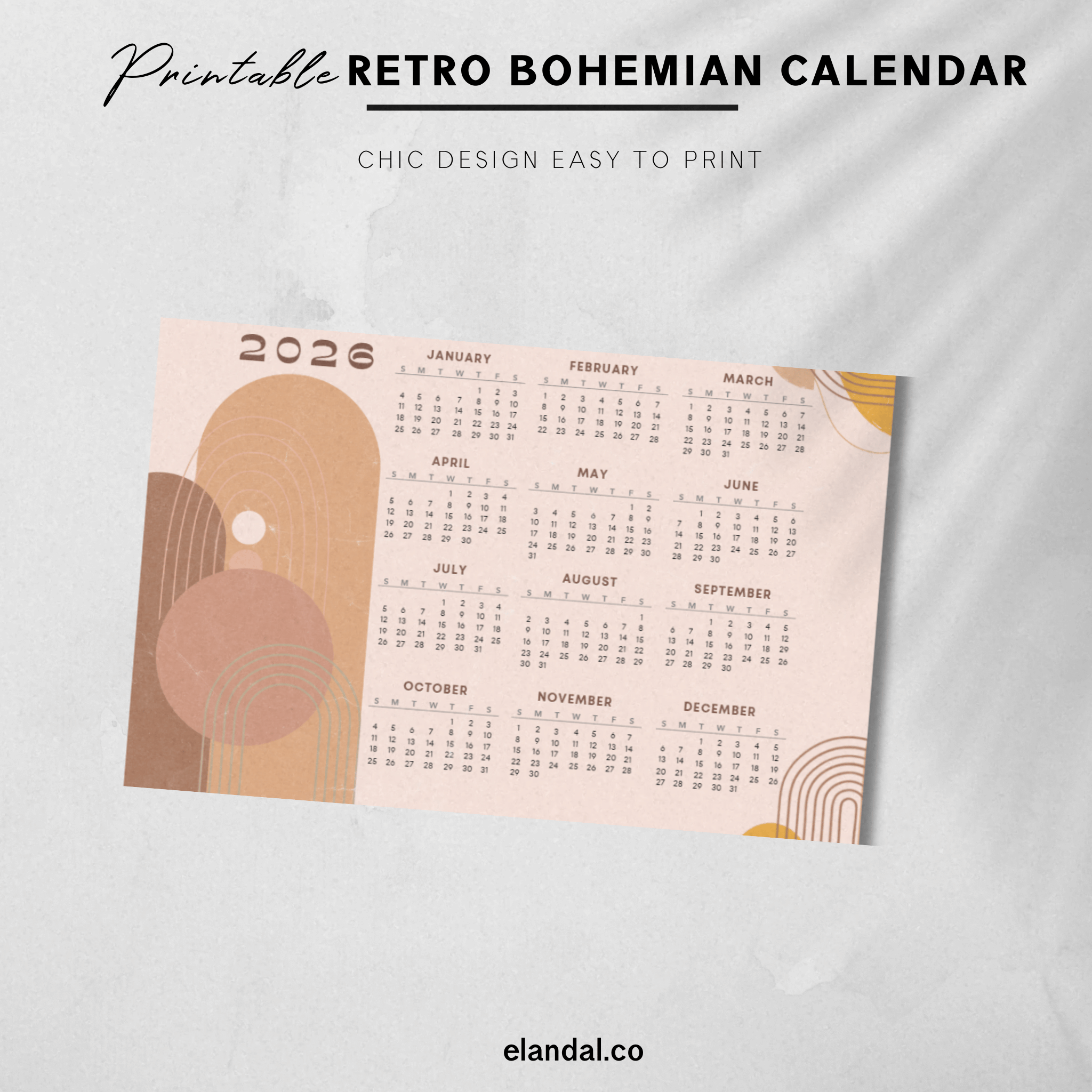 2026 Printable Retro Bohemian Landscape Poster Calendar – El and Al Co.