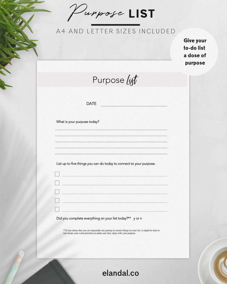 Purpose List - Printable Motivational Daily To-Do List Planner Page ...